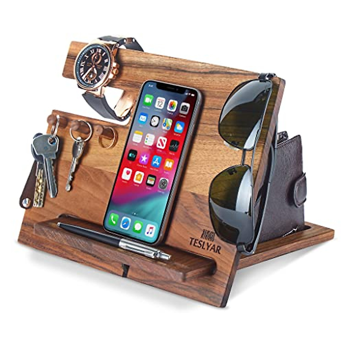 TESLYAR Natural Walnut Wood Phone Docking Station Hooks Key Holder Wallet Stand Watch Organizer Men Husband Anniversary Birthday Nightstand Purse Father Graduation Male Idea Gadgets Solid