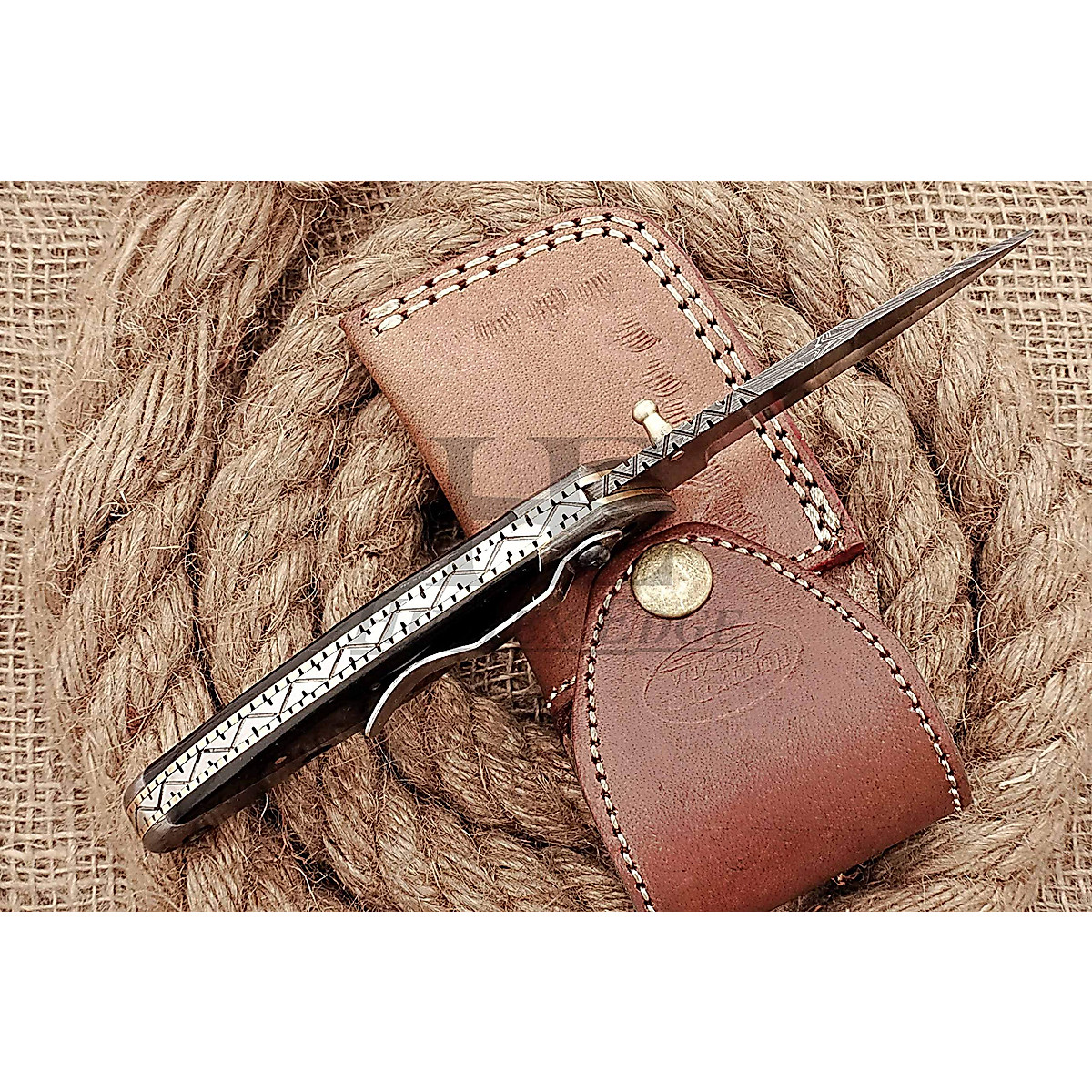 HUNTEX Custom Handmade Hand-Forged Twist Pattern Damascus Steel 4 Inch Long Natural Walnut Wood Handle Razor Sharp Hunting Folding Pocket Spear Knife with Pocket Clip & Genuine Leather Pouch