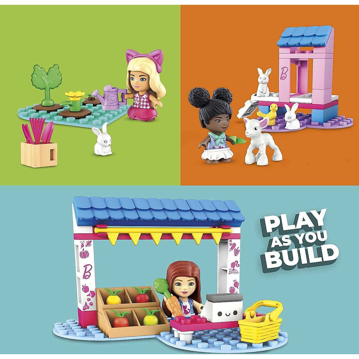 MEGA Barbie Toy Building Set, Farmer's Market with 3 Barbie Micro-Dolls, 4 Barbie Pets and Accessories, Easy to Build Set for Ages 4 and Up