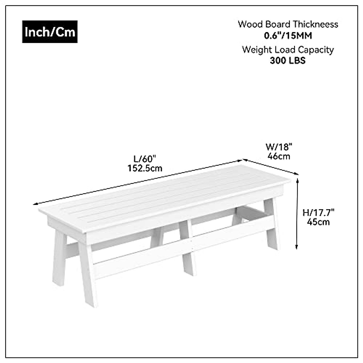 KEVINSPACE 59'' Outdoor Bench Patio Garden Poly Backless Bench, Supreme Quality Seat, Durable Frame, Weatherproof - Perfect for Balconies, Home, Backyard,Loung White