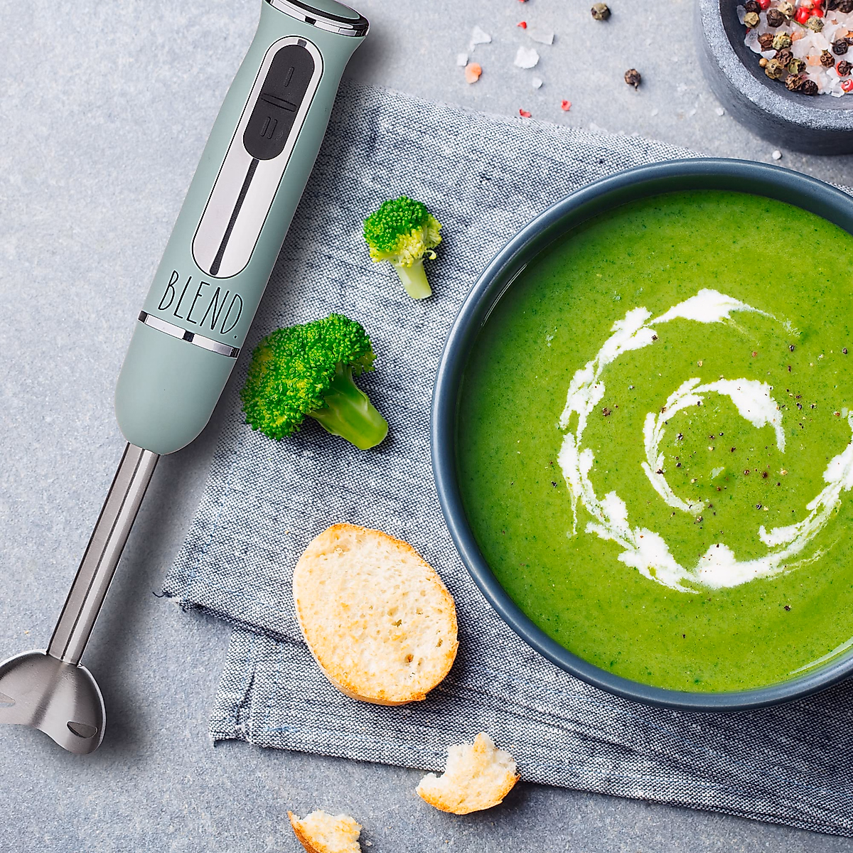 Rae Dunn Immersion Hand Blender- Handheld Immersion Blender with Egg Whisk and Milk Frother Attachments, 2 Speed Blender, 500 Watts, Stainless Steel Blade (Sage)