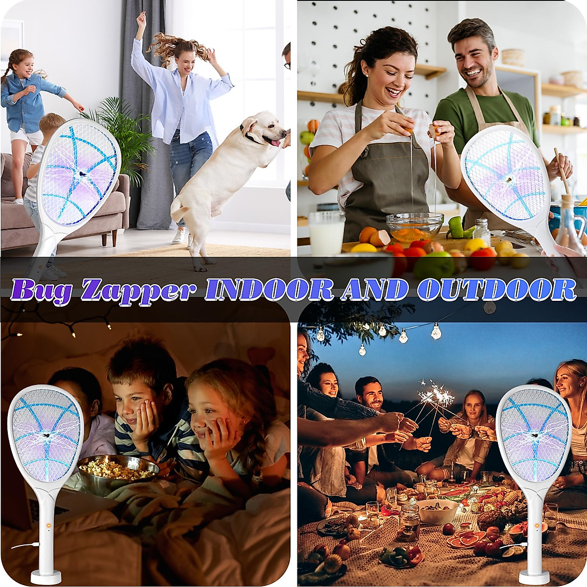 Qualirey 2 Pcs Electric Fly Swatter Racket 3000v 2 in 1 Bug Zapper Racket USB Rechargeable Base, Powerful Mosquitoes Trap Lamp Fly Killer with 3 Layer Safety Mesh for Indoor Outdoor Home Office Patio