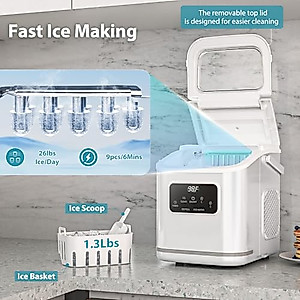 Electactic Ice Maker Machine countertop Self Cleaning Portable Compact Small Bullet Ice Maker with Digital Screen,9 Cubes in 6 Mins,26lbs in 24Hrs,for Camping Dorm Home Outdoor（White）