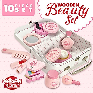 Dragon Drew Wooden Toy Beauty Set – 10 Piece Kit - Girls Salon Set with Makeup, Brush, Mirror and Cosmetics Case - 100% Natural Wood, Nontoxic Paint, Smooth Edges