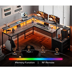 Huuger L Shaped Gaming Desk with LED Lights and Power Outlets, Computer Desk with 3 Drawers, 66.1 Inches Corner Desk, Home Office Desk with Printer and Monitor Stand, Large Storage Space, Grey