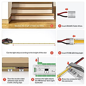 BTF-LIGHTING PIR Sensor Stair Light ES32 Controller Kit 3X16FT Custom FCOB LED Strip Length Fits All Widths of Stairs DC24V 3000K CRI 90+ 8mm Width Dimmable Uniform Light Multiple On and Off Modes