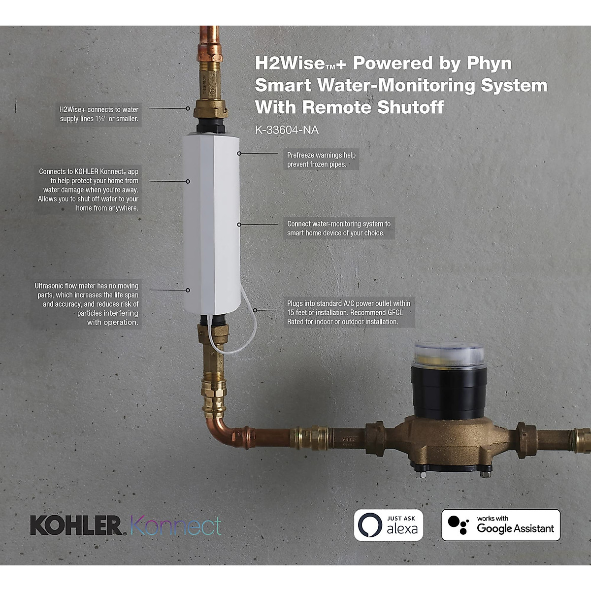 KOHLER H2Wise+ Smart Home Water Monitor and Automatic Shutoff Valve, Water Leak Detector and Water Usage Tracker,White