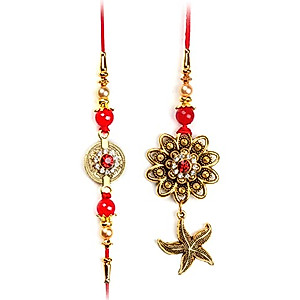 Lumba Rakhi for Brother & Bhabhi Set / Bhaiya Bhabhi Rakhi Thread Jodi Kundan Rakhi Combo (Design 1, Standard)
