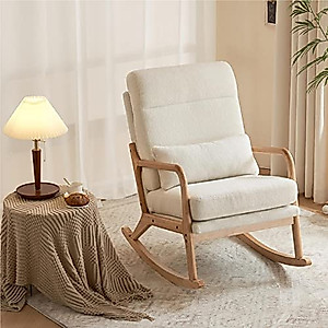 pazezog Rocking Chair,High Back Mid-Century Modern Accent Chair,Nursery Rocking Chair with Wooden Armrest,Upholstered Glider Rocker with Lumbar Pillow for Living Room