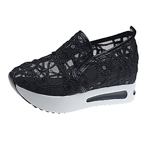 Zrayuler Floral Embroidery Breathable Sheer Sneakers, Spring Lace Mesh Casual Shoes, Fashion Platform Shoes Hidden Wedge Heel High Top Sneakers Arch Support Low Top Play Loafers Women's Casual Shoes