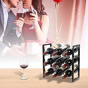 POPKU 9-Bottles Wine Rack - 3 Tier Stackable Wine Holder for Bottles - Classic Style Wine Shelf for Pantry, Perfect for Bar, Wine Cellar, Basement, Cabinet, Pantry, etc - Metal (Black)