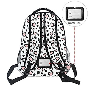 Leopard Print Pink Heart Custom School Backpack for Boys Girls, Personalized Name Elementary School Bookbag Travel Bag Daypack