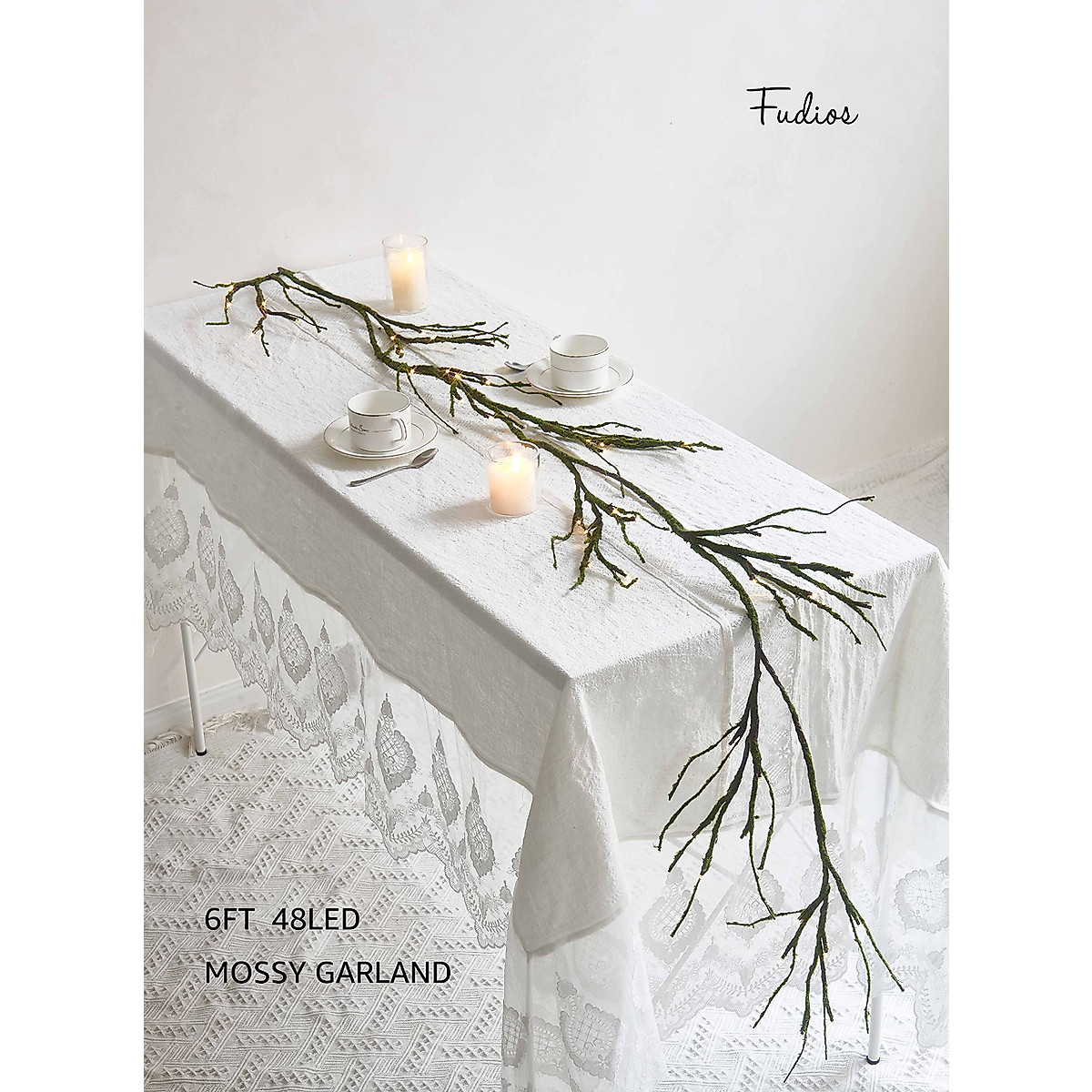 Fudios Greenery Garland with Lights for Mantle with Timer 48 LED 6FT Mossy Vine Garland Lights for Table Centerpieces Indoor Outdoor