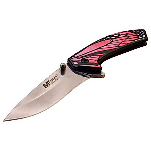 MTECH USA – Spring Assisted Folding Knife – Mirror Polished Blade, Stainless Steel Handle w/Pink Butterfly Design, Pocket Clip, Hunting, Camping, Survival, Tactical, EDC – MT-A1005PK