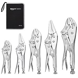 Amazon Basics 5-Piece CR-V Locking Pliers and Wire Cutters Set with Carrying Case, 2 Straight, 3 Curved Jaw, 6.5-10 Inch, Silver