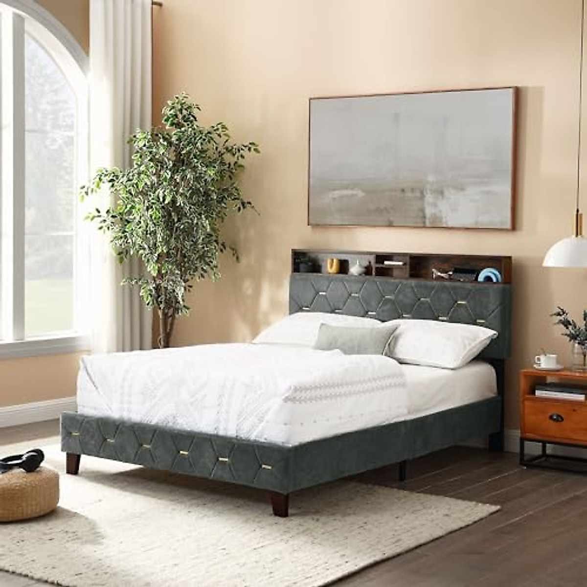 CuisinSmart Queen Size Bed Frame with Headboard,Storage & USB Ports & Outlets,No Box Spring Needed,78.5" x 57",Grey Bed Frame Furniture for Bedroom,Farmhouse,Hotel