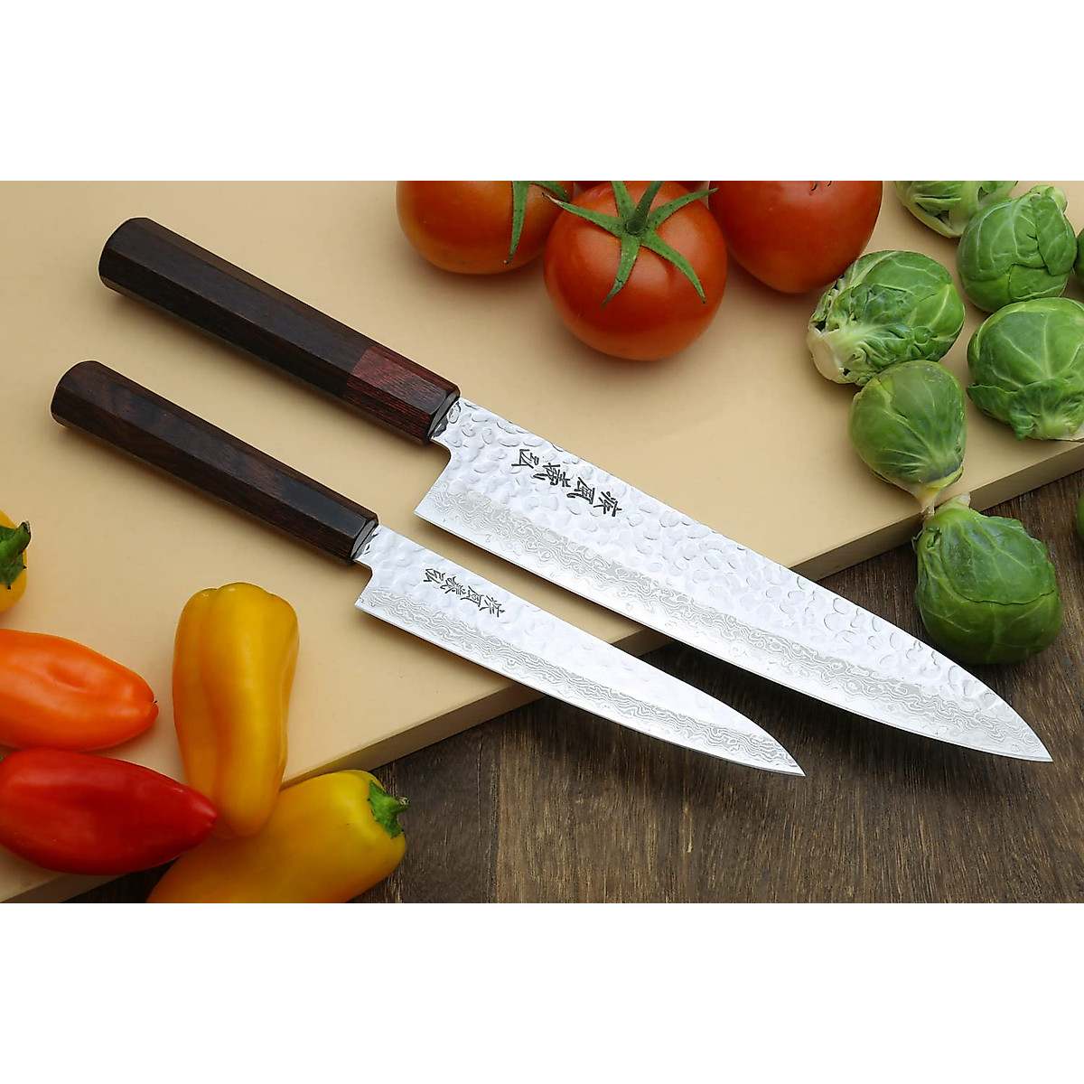 Yoshihiro 46 Layers Hammered Damascus Gyuto Chef Knife and Petty Utility Knife SET (Gyuto 8.25'' (210mm) & Petty 6'' (150mm), Rosewood Handle)