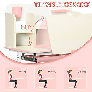 Qaba Wooden Kids Study Desk, Height Adjustable Children School Study Table, Student Writing Desk with Tilt Desktop, Drawer, Storage Shelf, Pen Holder, Pink