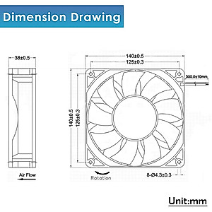 GDSTIME 140mm High Static Pressure Cooling Fan 2-Pin 140x140x38mm DC 12V Ball Bearing for Radiator Heatsink