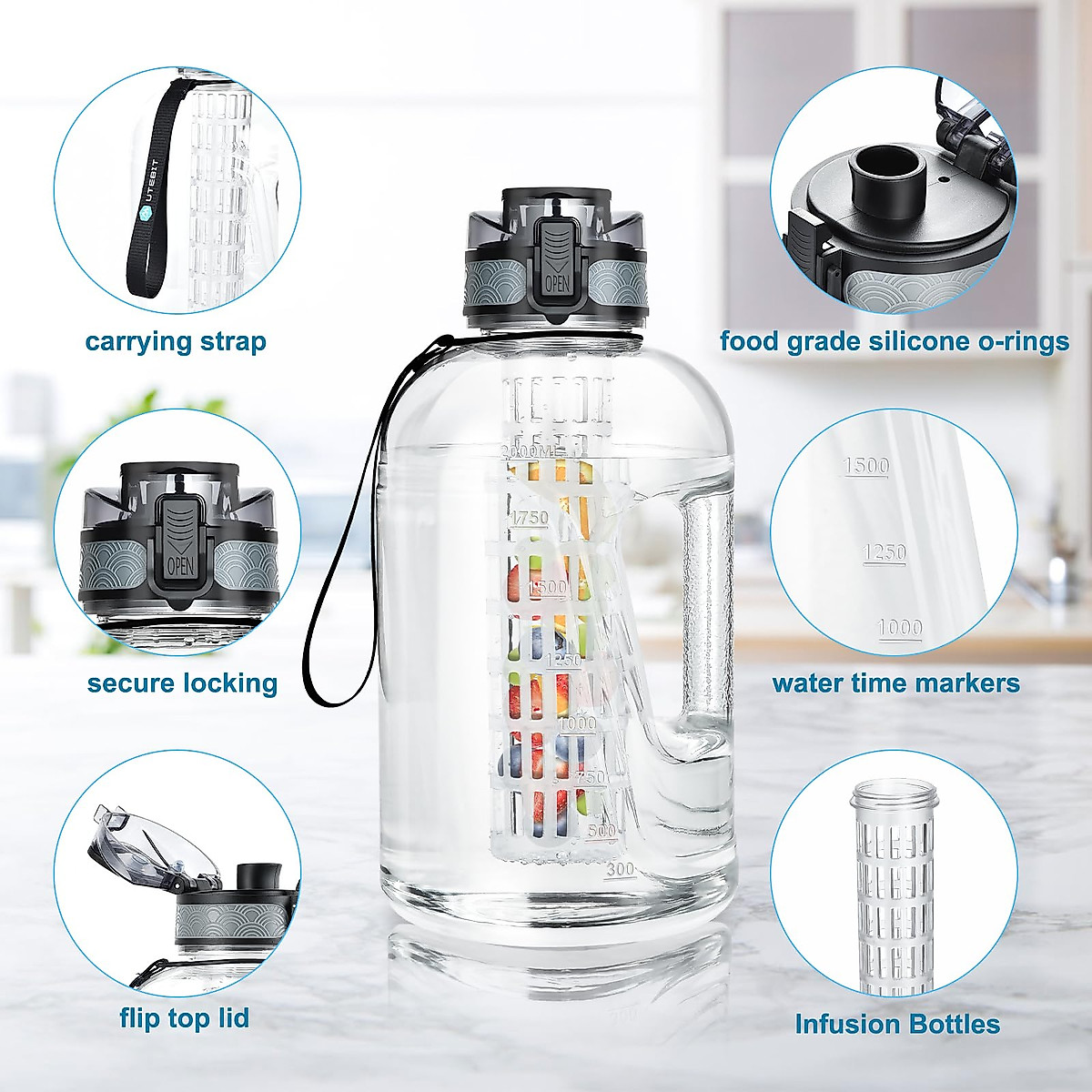 UTEBIT 74 OZ Fruit Infuser Water Bottle, Half Gallon Insulated Sports Water Bottle With Straw, 2.2L BPA Free Leak Proof Tritan Large Water Jug with Strap for Gym, Camping, Travel, Outdoor