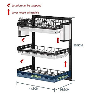 FEHUN Sinks,3-Layer 201 Stainless Steel Kitchen Wall-Mounted Dish Rack Drain Rack with Chopsticks Cage,Holder