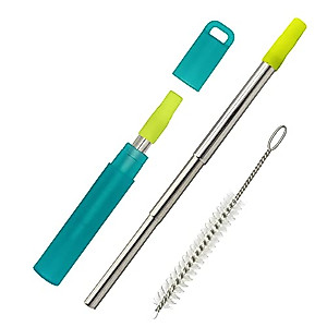 Metal Reusable Straws, 3 Pack Collapsible Portable Stainless Steel Straws, with Plastic Housing Silicone Tips and Cleaning Brush, Retractable Portable Pocket Drinking Straws