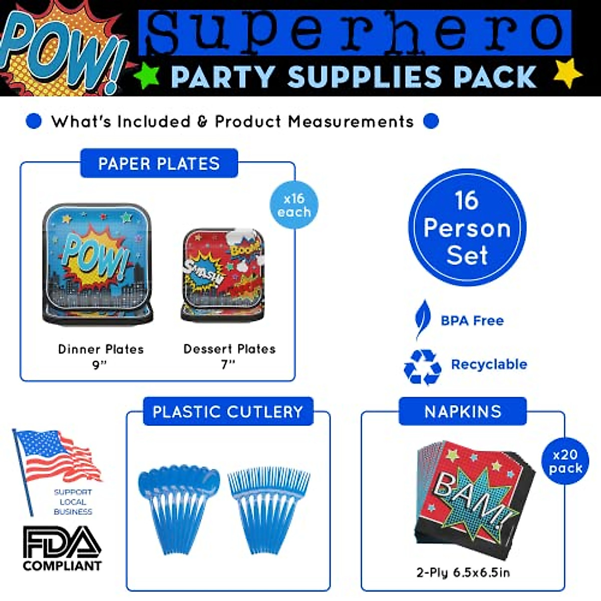 Superhero Party Supplies Packs (100 Pieces for 16 Guests) - Superhero Party Decorations, Super Hero Birthday Party for Boys, Plates and Napkins Superhero Party Supplies, Blue Orchards