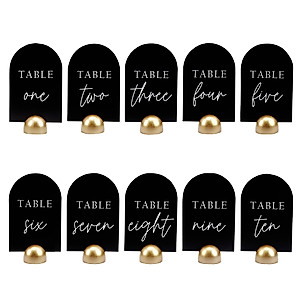 Hanna Roberts Modern Cursive Table Number Black Card Stock Half Circle Signs with Round Stand for Wedding Reception, Restaurant, Event Party, 4" x 6" (Gold, Set of 10, Numbers 1-10)