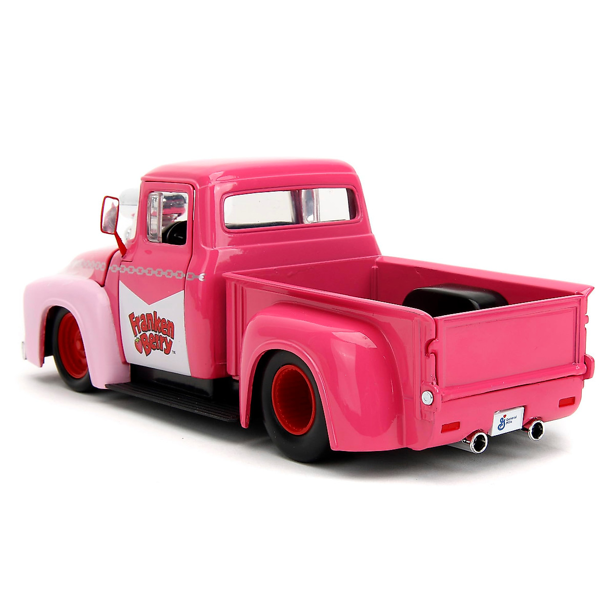 1956 F-100 Pickup Truck Pink with Graphics and Franken Berry Diecast Figure Franken Berry Hollywood Rides Series 1/24 Diecast Model Car by Jada 32025
