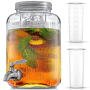 Fluted 1-Gallon Drink Dispenser. Glass Beverage Dispenser with Stainless steel Spigot plus Ice Cylinder and Fruit Infuser! Water Dispenser, Lemonade Stand, Juice Container - Dispensers for Parties