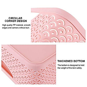 STARVAST 3 Pack Plastic Storage Baskets, Portable Pink Fish Scale Pattern Hollow Desktop Storage Bin Box with Handle for Kitchen, Bathroom, Kids Room or Nursery Storage – 13.8 x 11.2 x 5.1 inches