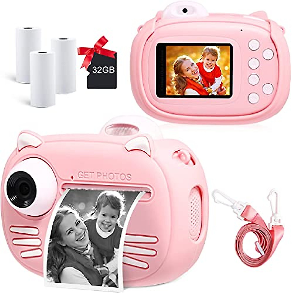 QSYY Children's Instant Camera 40MP Dual Lens 2.4 Inch Screen 32G Memory Card 33 Rolls of Printing Paper Colored Pencil Backpack Lanyard,Pink