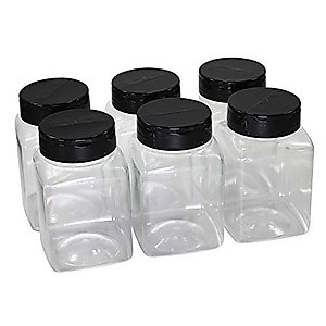 Pinnacle Mercantile Plastic Spice Jars 6-Pack Square Large 17 oz.Clear Containers Sifter Shaker Spoon Lid Refillable for Seasonings, Herbs, BBQ, Spices