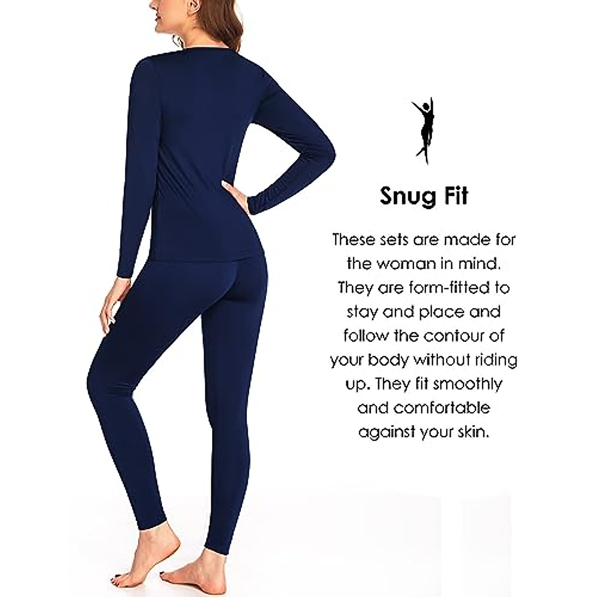 Ekouaer Thermal Underwear for Women Fleece Lined 2 PCS Long Johns Slim fit Top & Bottom Base Layer Navy Blue M