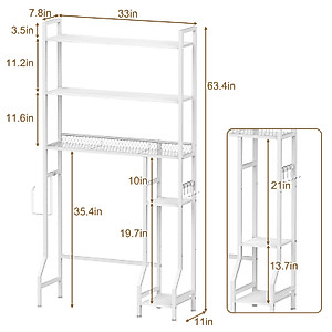 NOVIMANGO Over The Toilet Organizer White, Bathroom Space Saver Over Toilet, 5-Tier Bathroom Over Toilet Storage, Above Toilet Stand with 4 Hooks for Restroom, Laundry