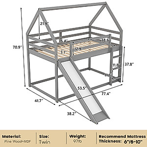 Harper & Bright Designs Twin Bunk Beds for Kids,Wood House Bunk Bed Twin Over Twin,Kids Bunk Bed with Slide and Roof for Girls Boys,Grey