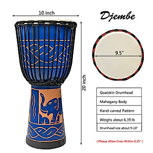 AIMEIS Djembe Drum,10" African Drum Carved of Mahogany Goatskin Hand Drums for Adults Beginner (Blue)