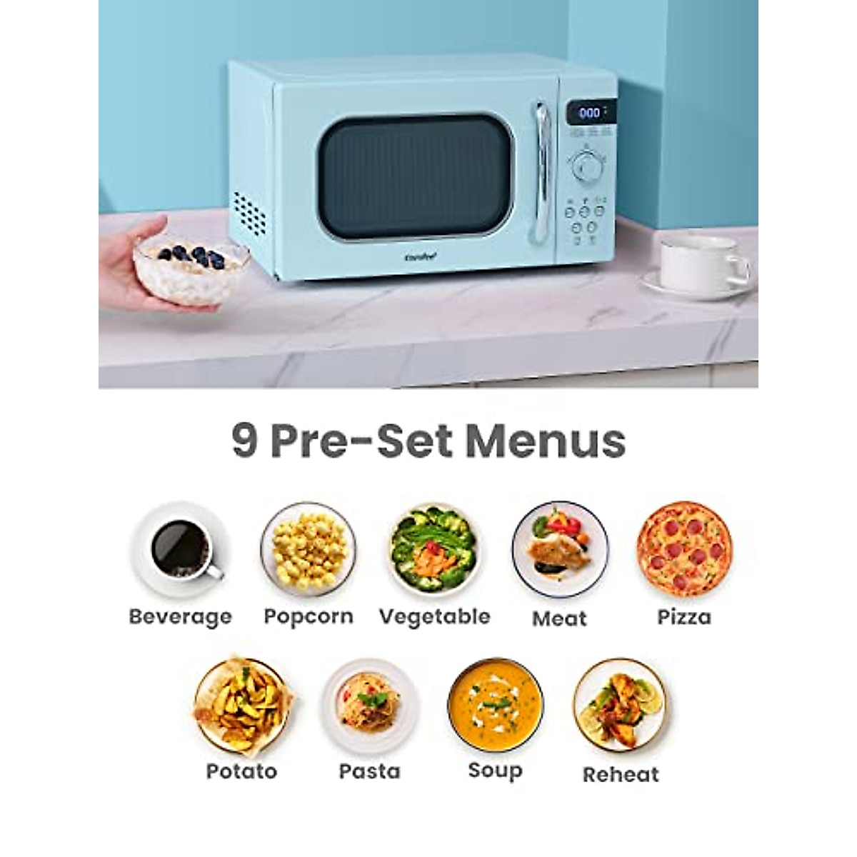 COMFEE' Retro Small Microwave Oven With Compact Size, 9 Preset Menus, Position-Memory Turntable, Mute Function, Countertop Microwave For Small Spaces, 0.7 Cu Ft/700W, Green, AM720C2RA-G