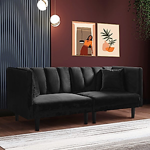 LCH Futon Bed Convertible Velvet, Modern Sleeper Sofa with 2 Pillows, 3 Adjustable Angles for Backrest, Living Room Couch with 7 Sturdy Metal Legs, Upholstered Loveseat for Home, Office, Black