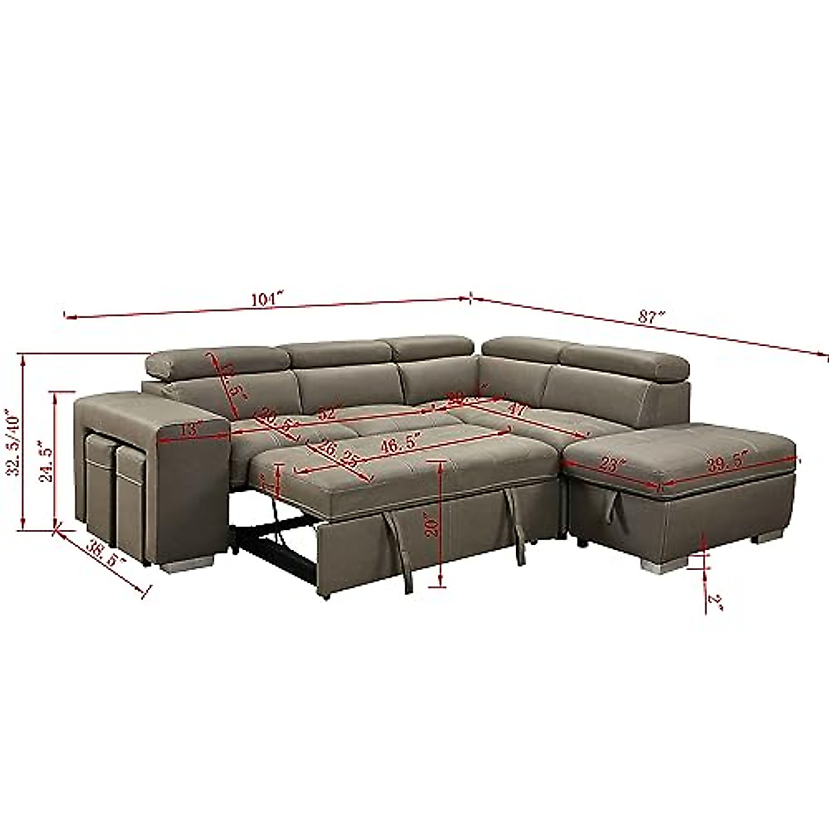 THSUPER 104'' Sectional Sleeper Sofa with Pull Out Bed and Storage Chaise Ottoman, L Shaped Sectional Couch with Reclining Headrest and Stools for Living Room, Microfiber Upholstered - Light Brown