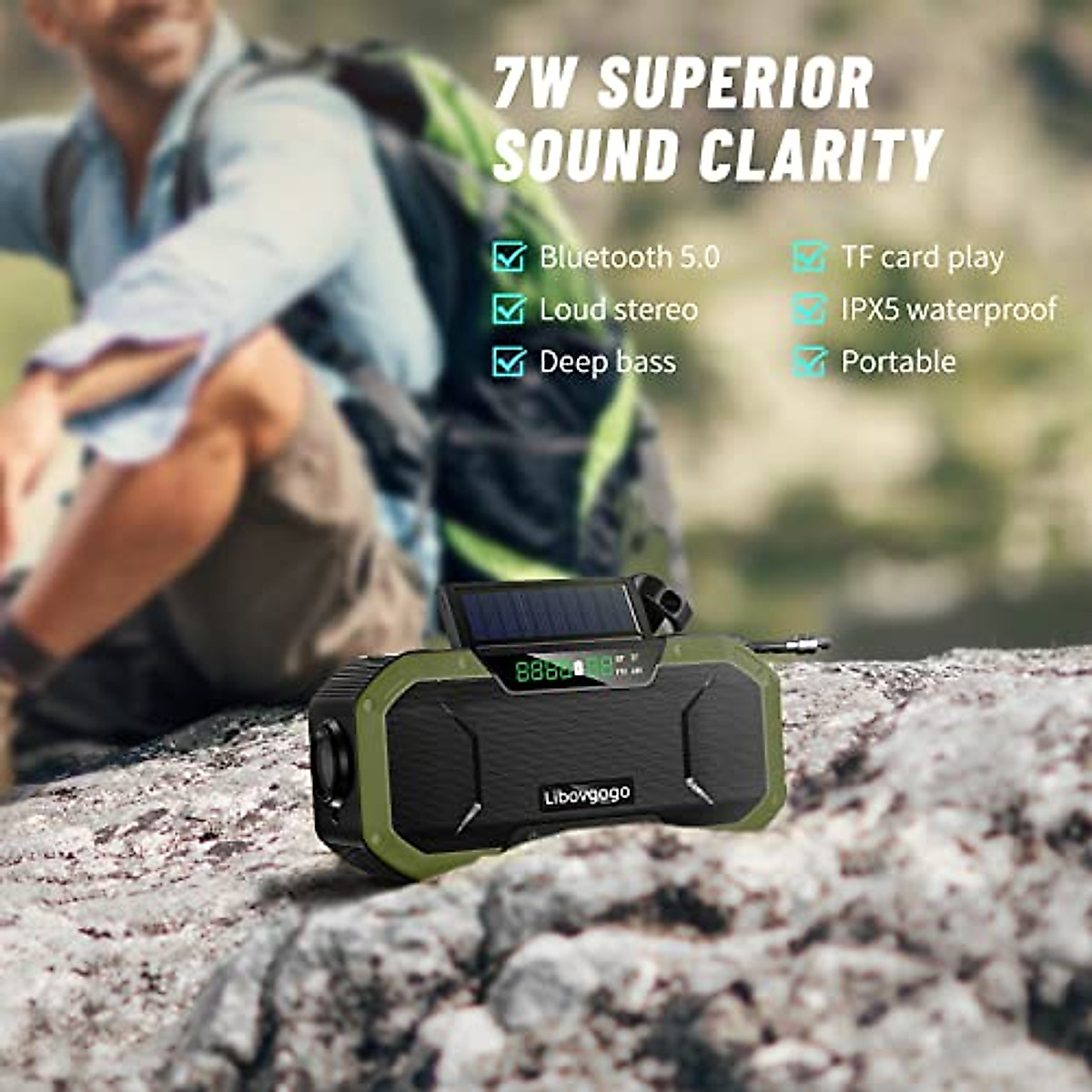 Emergency Radio Waterproof Bluetooth Speaker,Portable Digital AM FM Radio with Flashlight,Reading Lamp,Hand Crank NOAA Weather Radio with Solar Panel,5000mAH Cell Phone Charger,Emergency Survival Kit