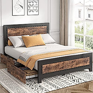 Keyluv King Size Bed Frame with 4 Storage Drawers, Rivet Modern Headboard and Footboard Platform Bed with Solid Wood Slats Support, No Box Spring Needed, Metal Frame Mattress Foundation Noise-Free