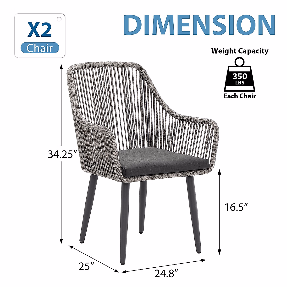 JOIVI Outdoor Patio Dining Chairs Set of 2, Woven Rattan Chairs with Armrest & Cushions Kitchen Wicker Dining Chairs with Iron Frame, Outdoor Seating for Outside, Lawn, Garden, Backyard, Indoor, Gray