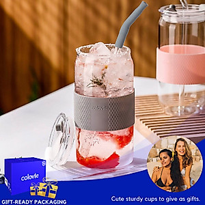 ColoVie 20oz Tumbler with 3 IN 1 Lids and Glass Straws(Extra Silicone Tips), Sky Silicone Protective Sleeve, Iced Coffee Cup, Travel Water Bottle, Soda Beer Can Shaped Cups, Hot Tea