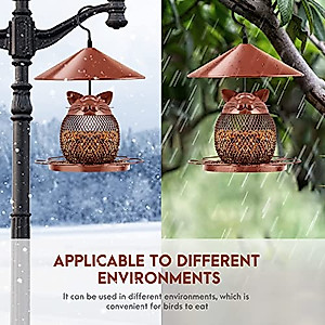 Bird Feeder, Metal Wild Bird Feeders with Baffle and Cute Cat Cover for Outside 2LB Seeds Bird Feeder Hanging Outdoor Easy Cleaning and Filling Best Decorations for Family