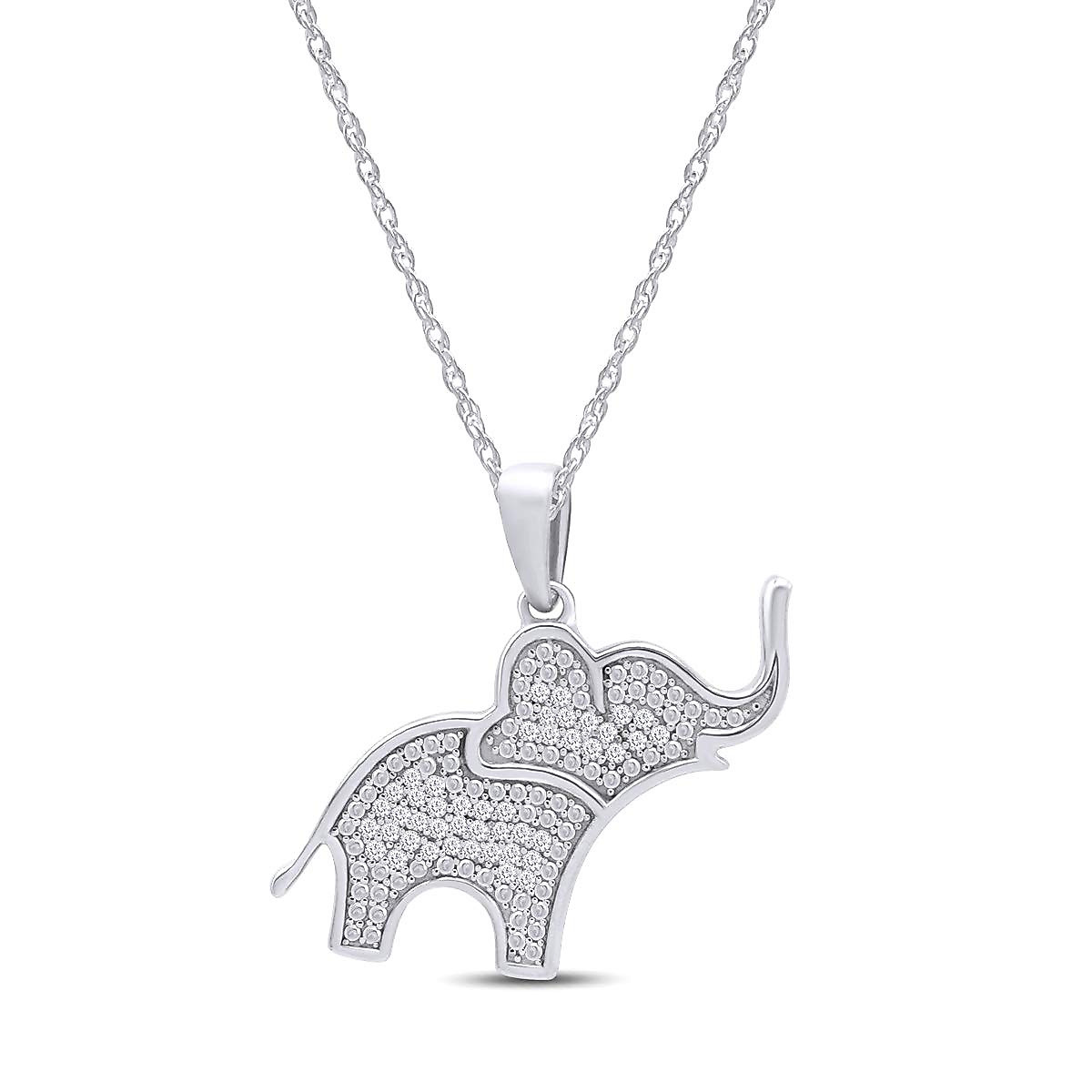AFFY 1/8 Carat CT.t.w Round Cut White Natural Diamond Elephant Pendant Necklace in 14K White Gold Over Sterling Silver