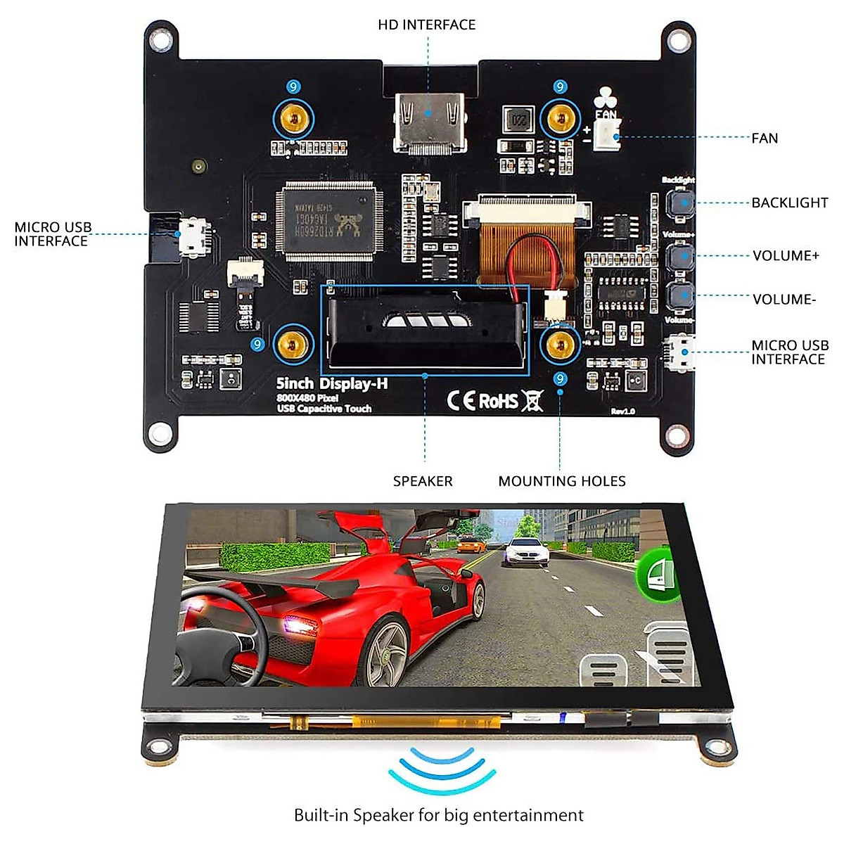 ELECROW 5 Inch Monitor for Raspberry Pi Touchscreen Monitor with Speaker LCD Display for Raspberry Pi 5 4 3 Windows PC HDMI-Compatible & USB Powered Travel Monitor for Laptop Black