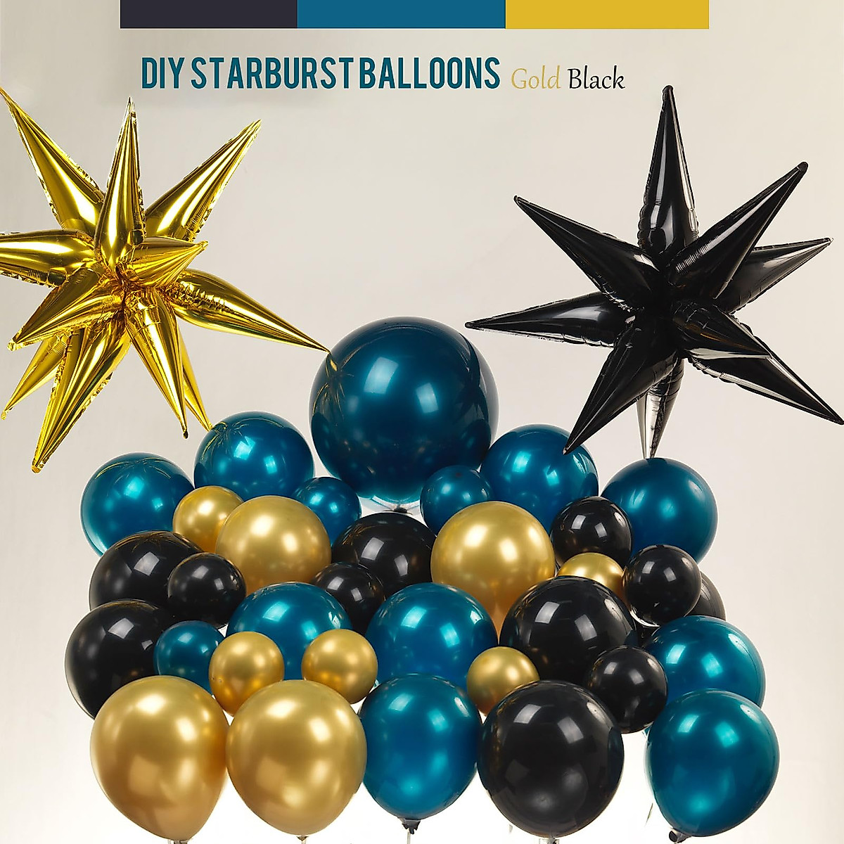 Chrome dark Teal and gold black Balloon Garland Kit 170Pcs Double-Stuffed Navy Teal Blue With Starburst Balloons for Birthday anniversary Baby Shower 2024 graduation prom Luxury shop decorations