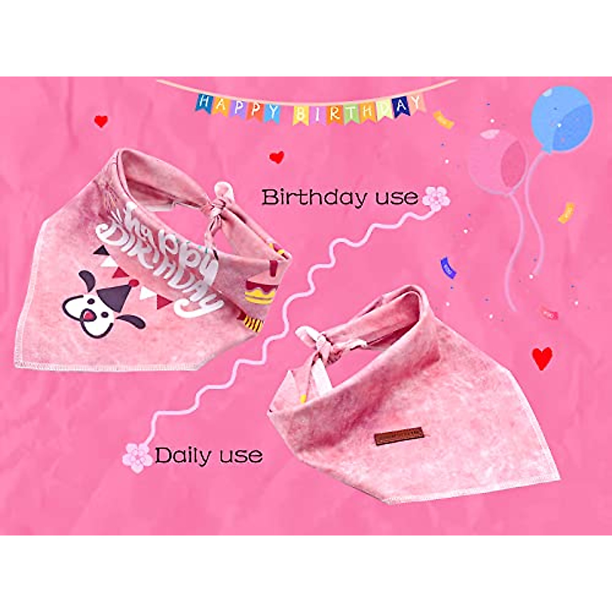 Elegant little tail Dog Bandanas - 1Pack Brithday Gift Washable Female Dog Scarf Square Dog Bib Kerchief Scarf Adjustable pet Bandana for Medium Large Girl Dogs