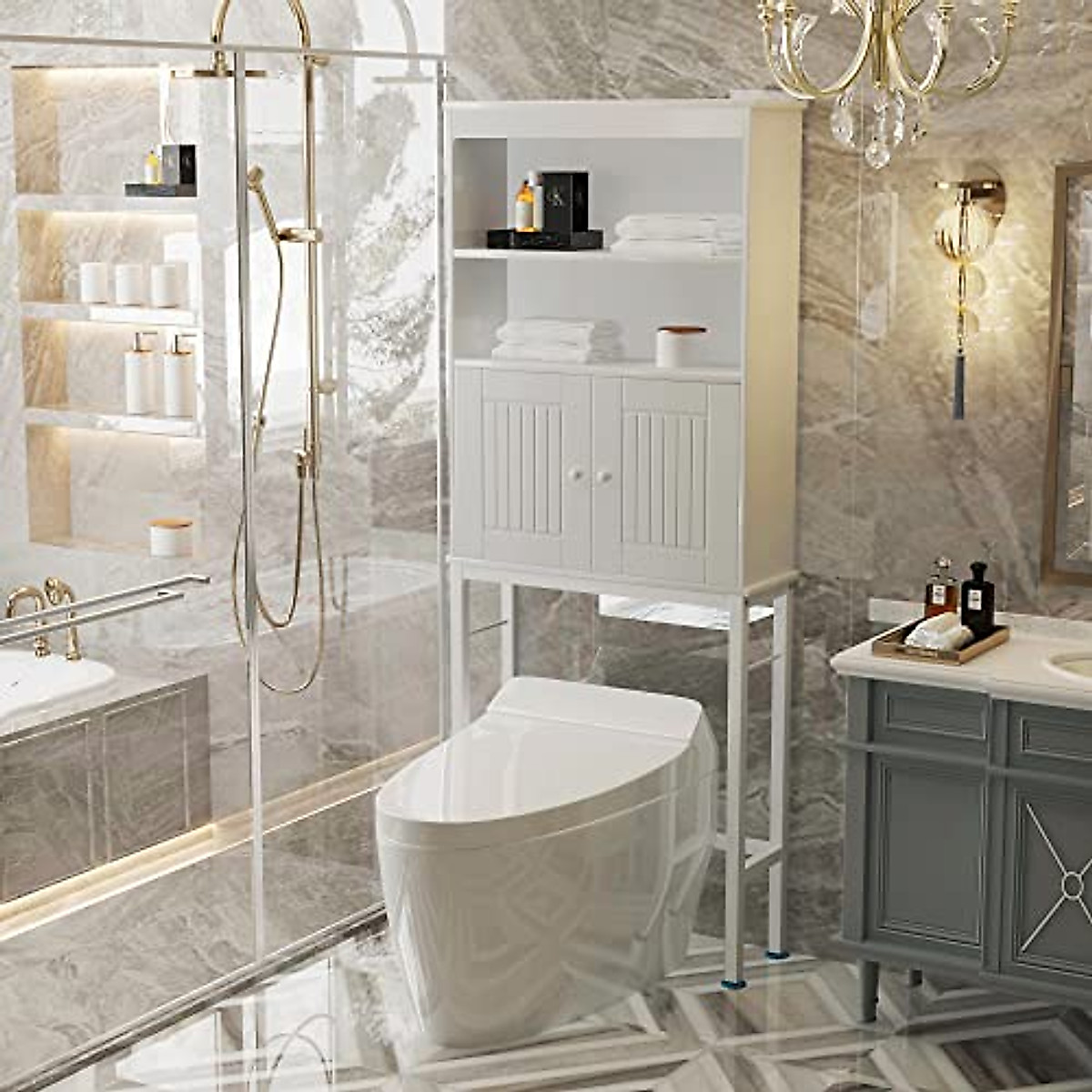 CNPRAZ Toilet Storage Rack Bathroom Shelf Floor Shelf High-End Modern Storage Cabinet, Unique Design, Easy to Assemble, White